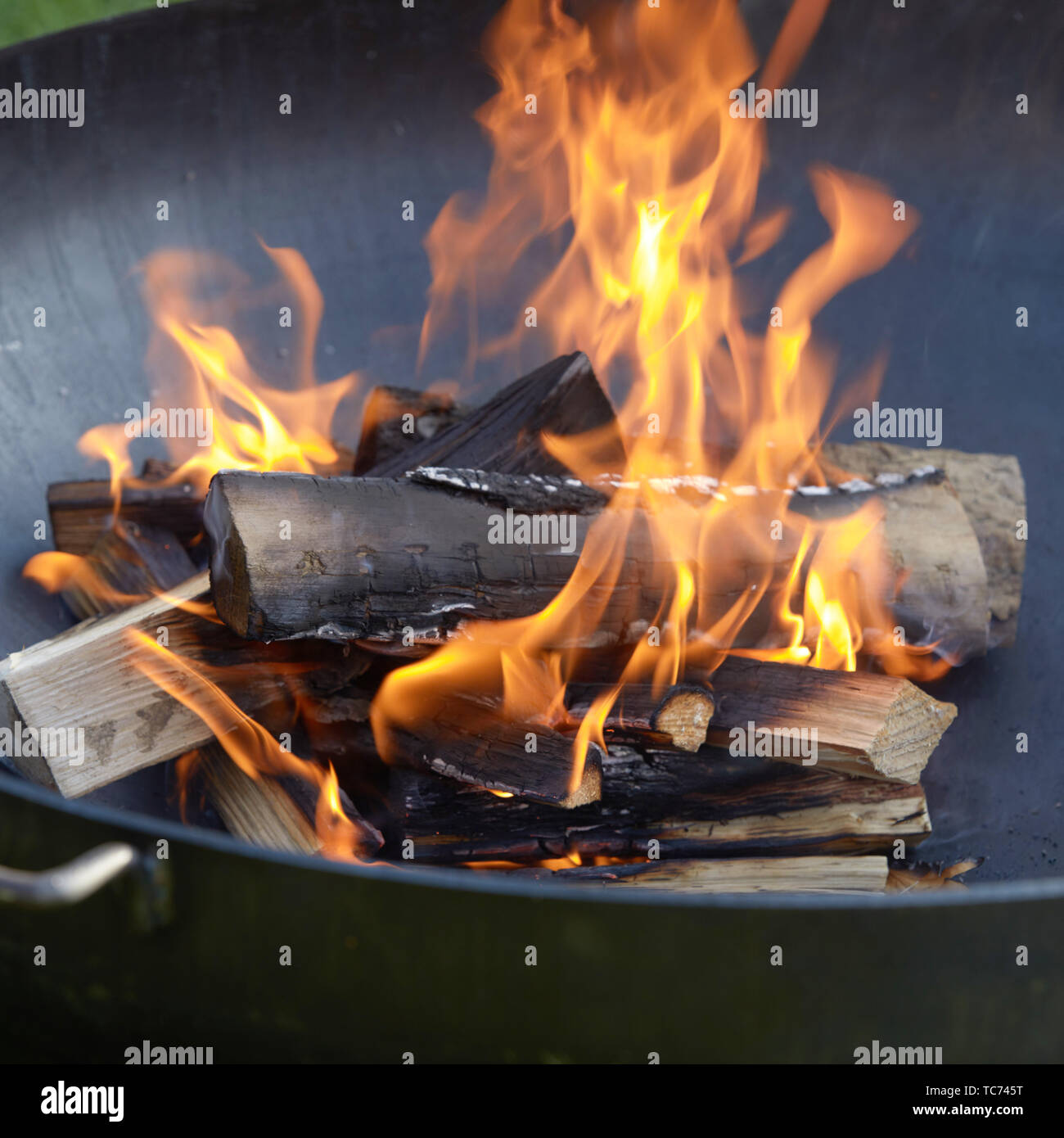 Close up on blazing logs of wood in a portable barbecue with fiery ...