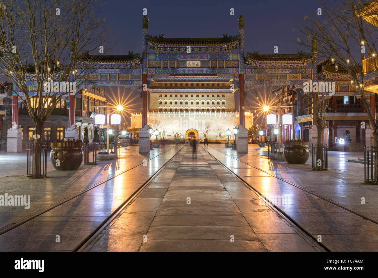 Night view of the front gate fence pedestrian street Stock Photo - Alamy