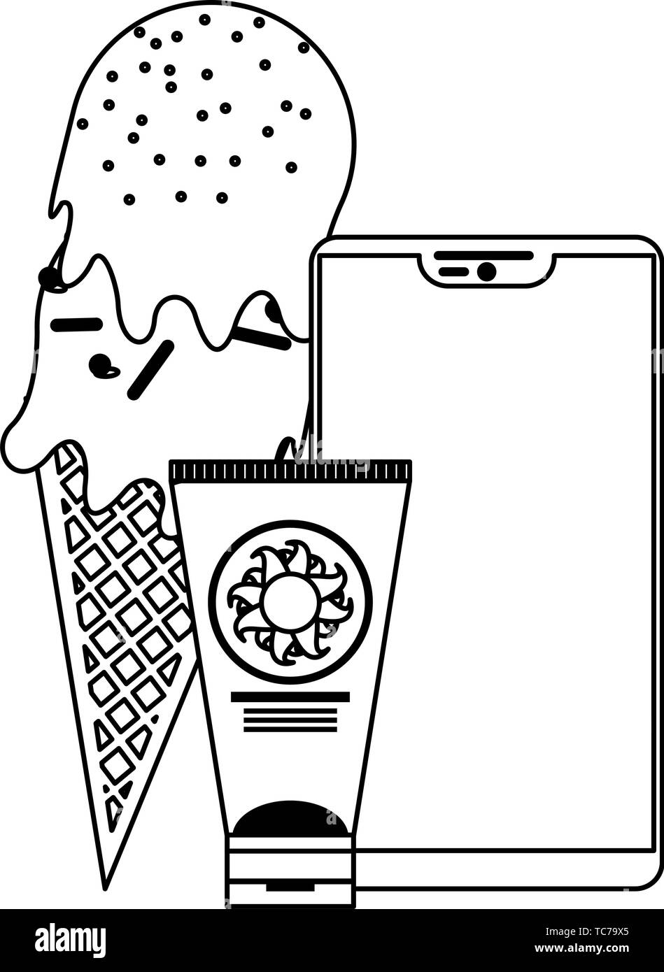 Smartphone and ice cream with sun bronzer cartoon in black and white ...