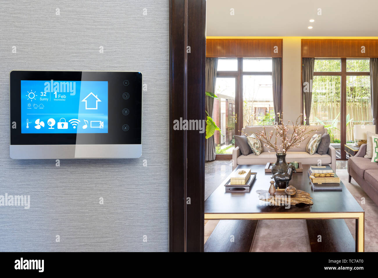 smart screen with smart home with modern living room Stock Photo - Alamy