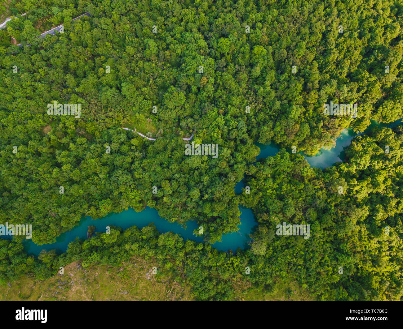 Aerial photo of karst landform, water forest and highway farmland ...