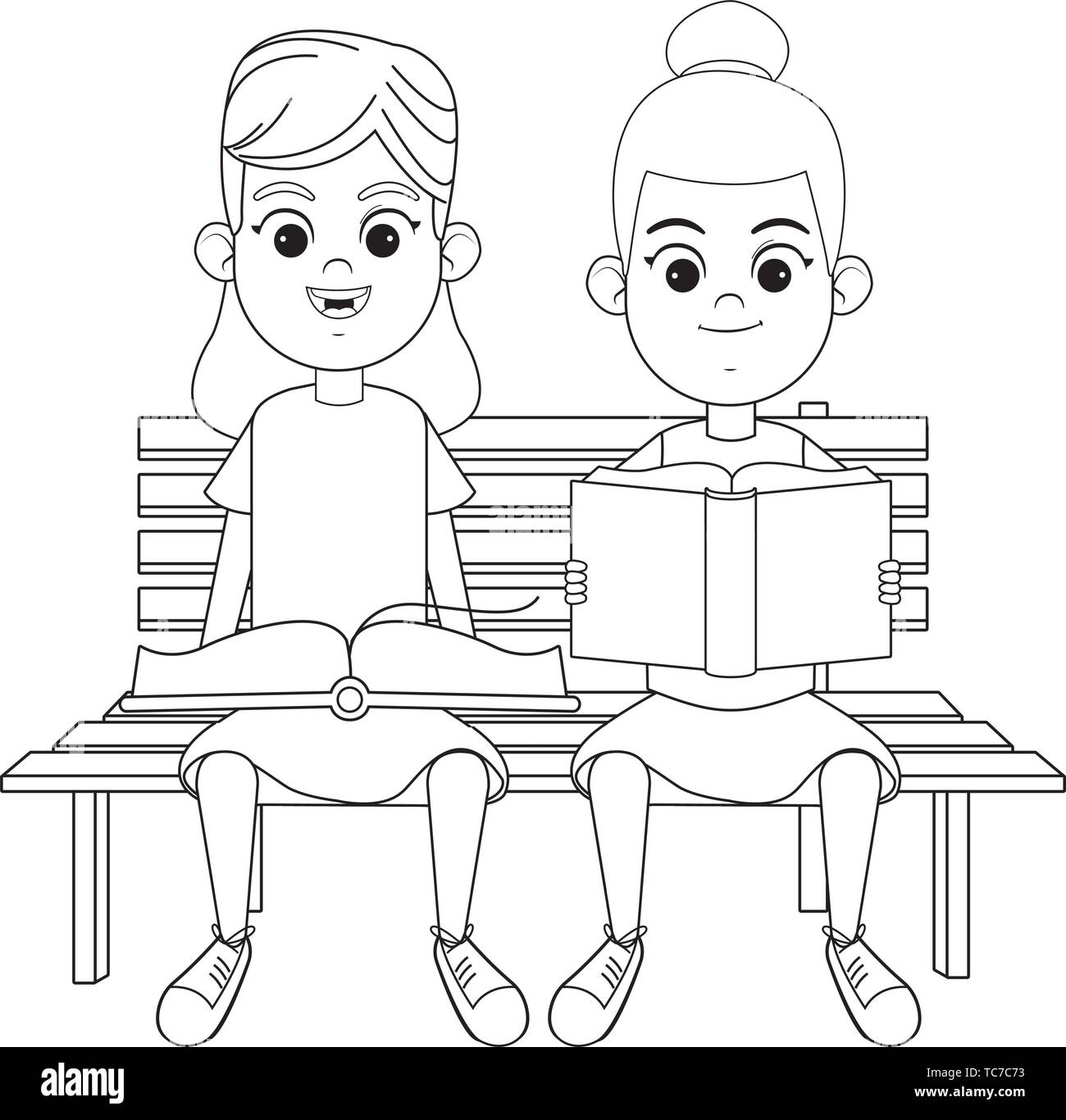 two young girls reading books black and white Stock Vector Image & Art ...