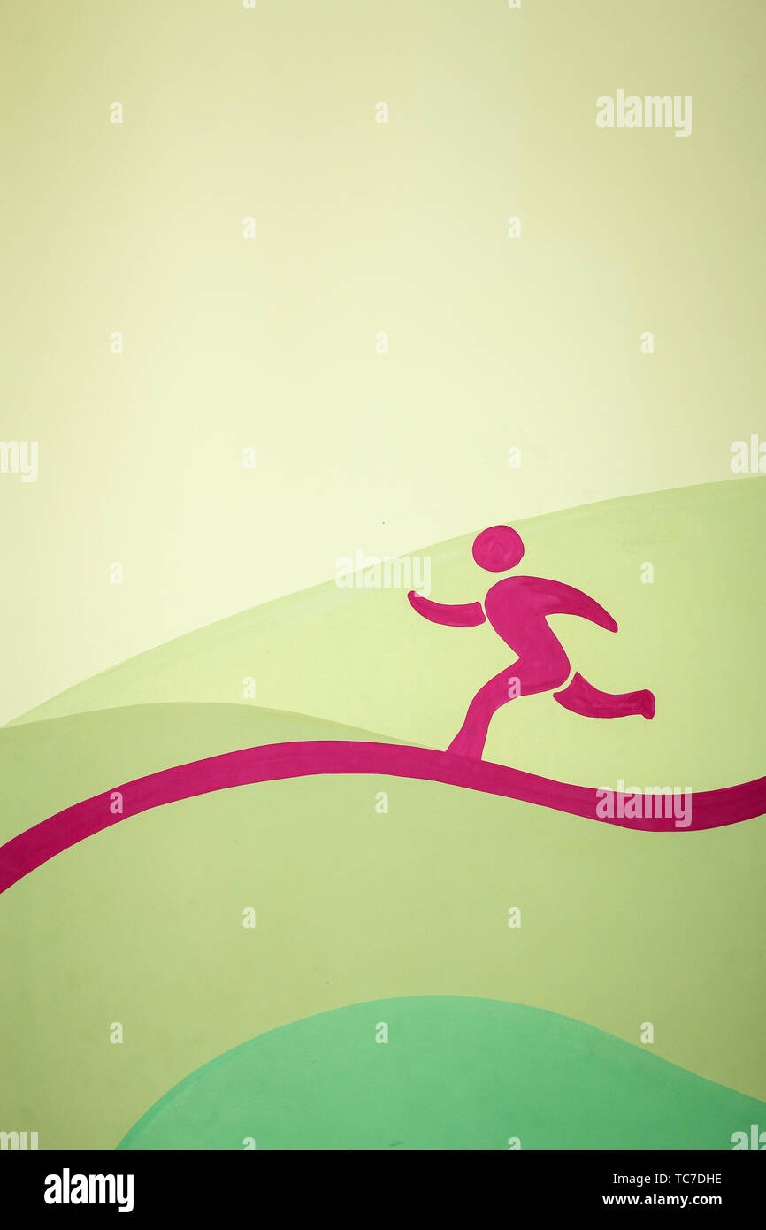 The image of a running man of pink color running along a curved line on ...