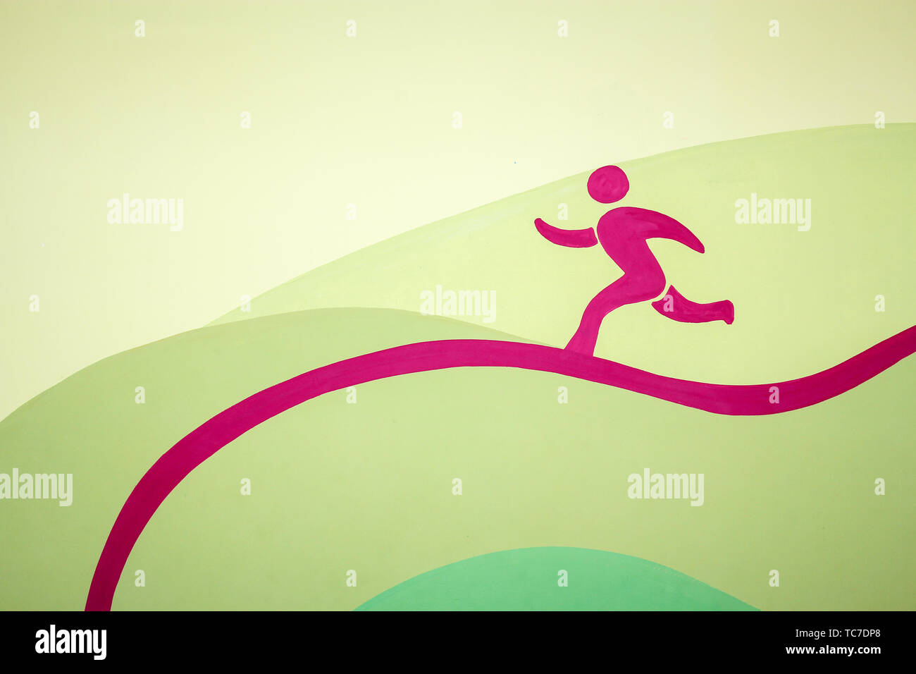 The image of a running man of pink color running along a curved line on ...