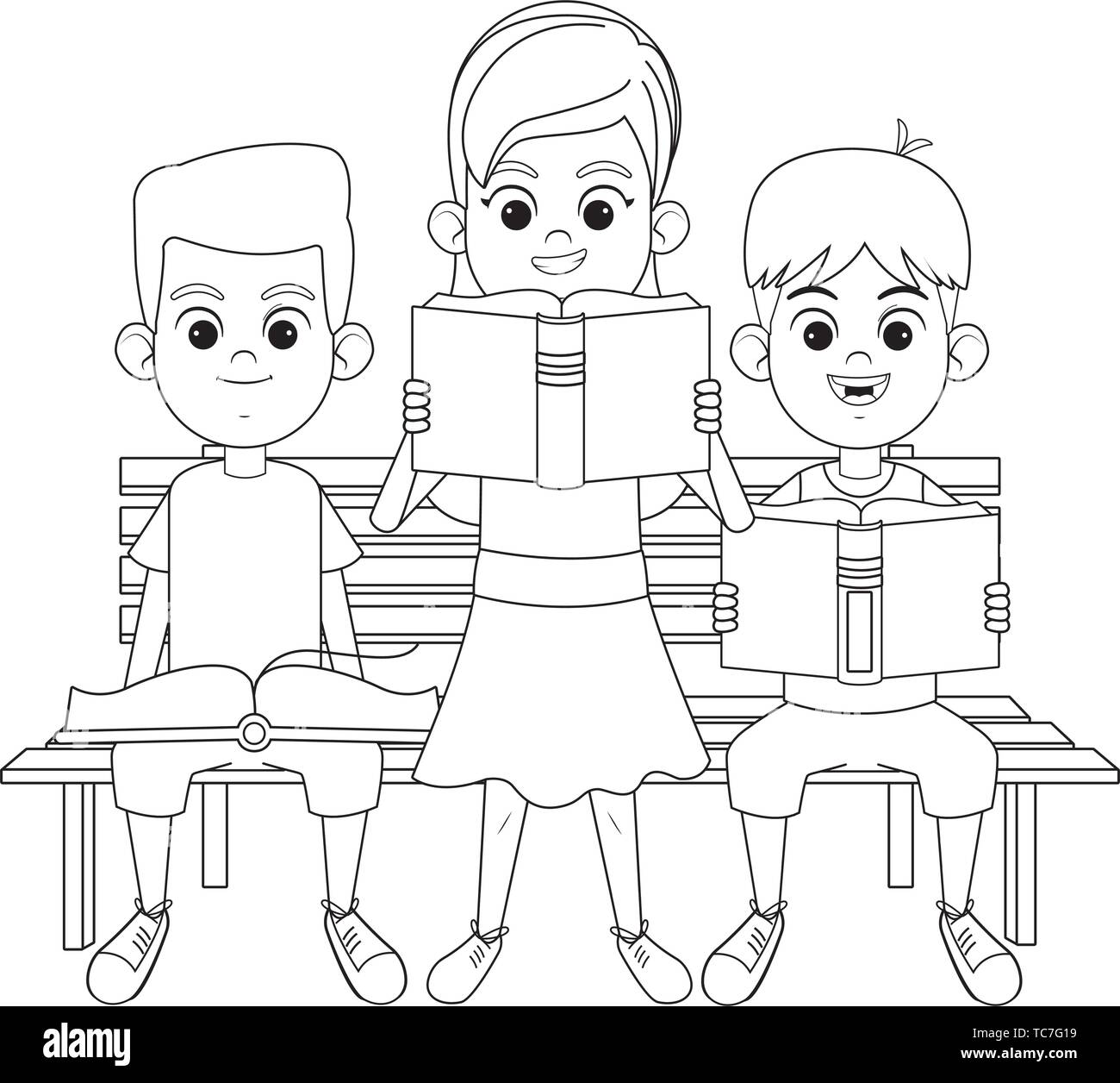 young kids with books on a bench black and white Stock Vector Image ...