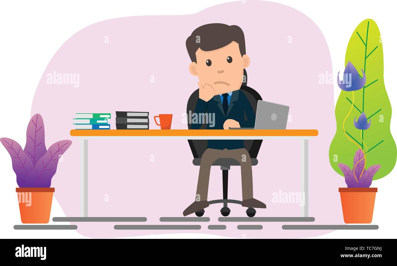 Business man sitting at his desk and boring with work. vector ...