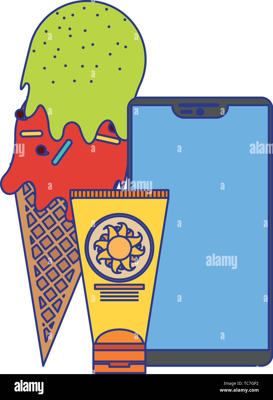 Smartphone and ice cream with sun bronzer cartoon Stock Vector Image ...