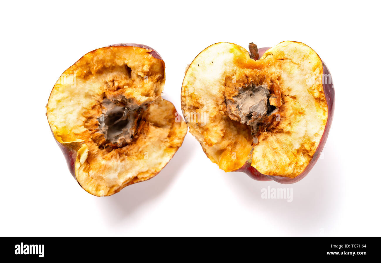 top view overripe apple with rotten core on white background Stock ...
