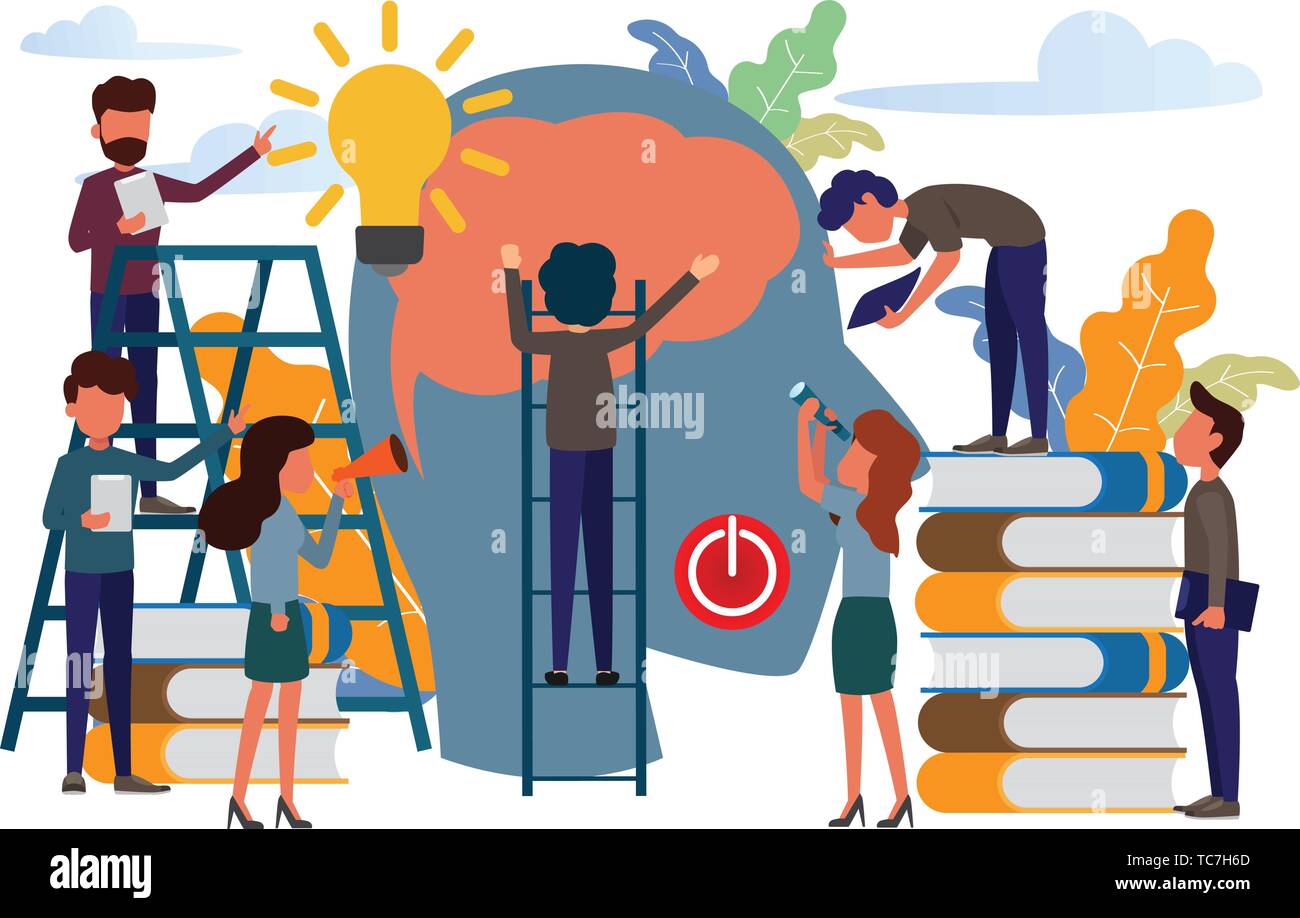 Knowledge concept. big head and brain has people around big head ...
