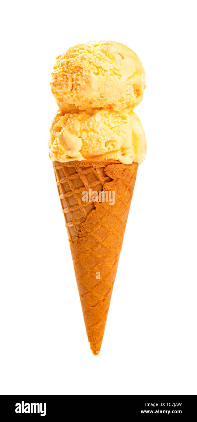 mango flavor ice cream cone with two balls on white with clipping path ...