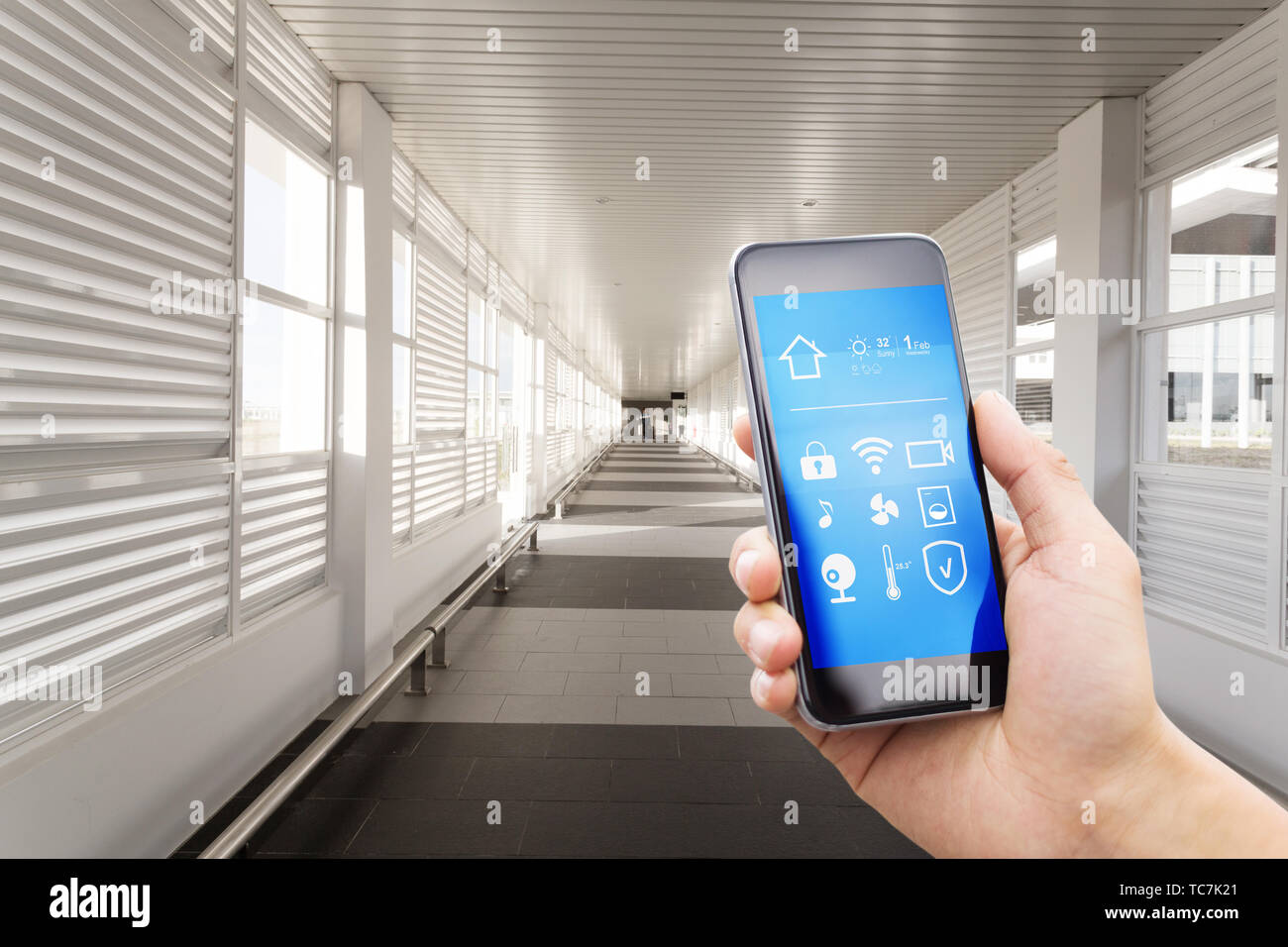 smart phone with smart home with modern corridor Stock Photo - Alamy