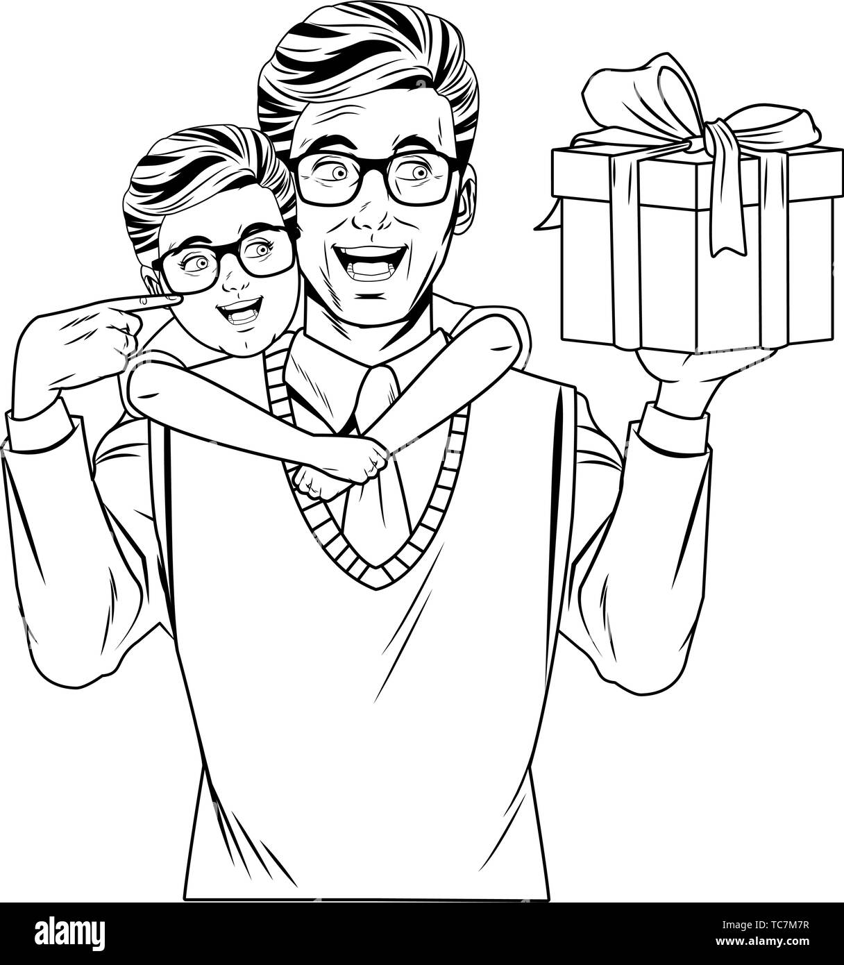 man carrying a boy with a gift box black and white Stock Vector Image ...