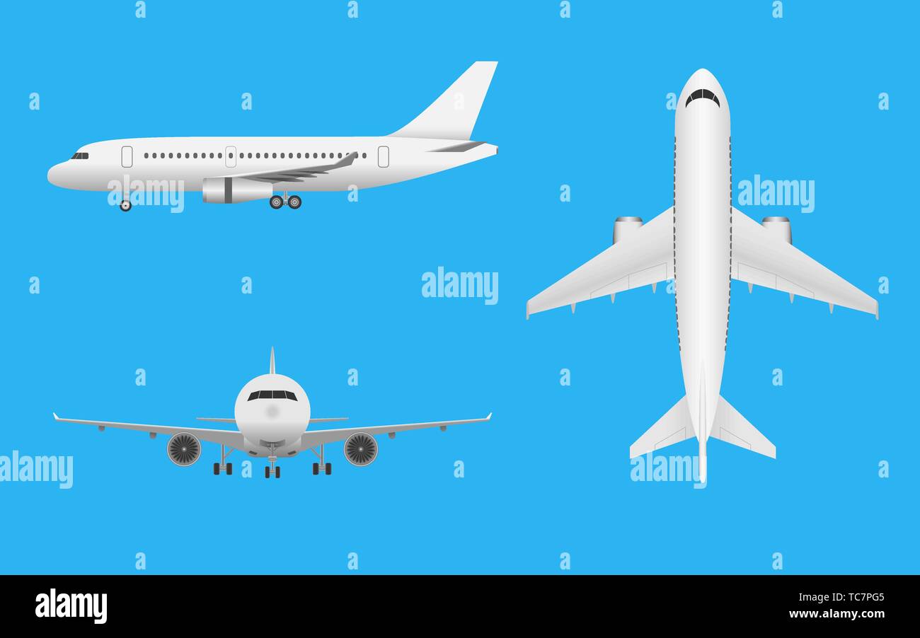 Plane vector. Airplane in all point of view. Airliner in front side and ...