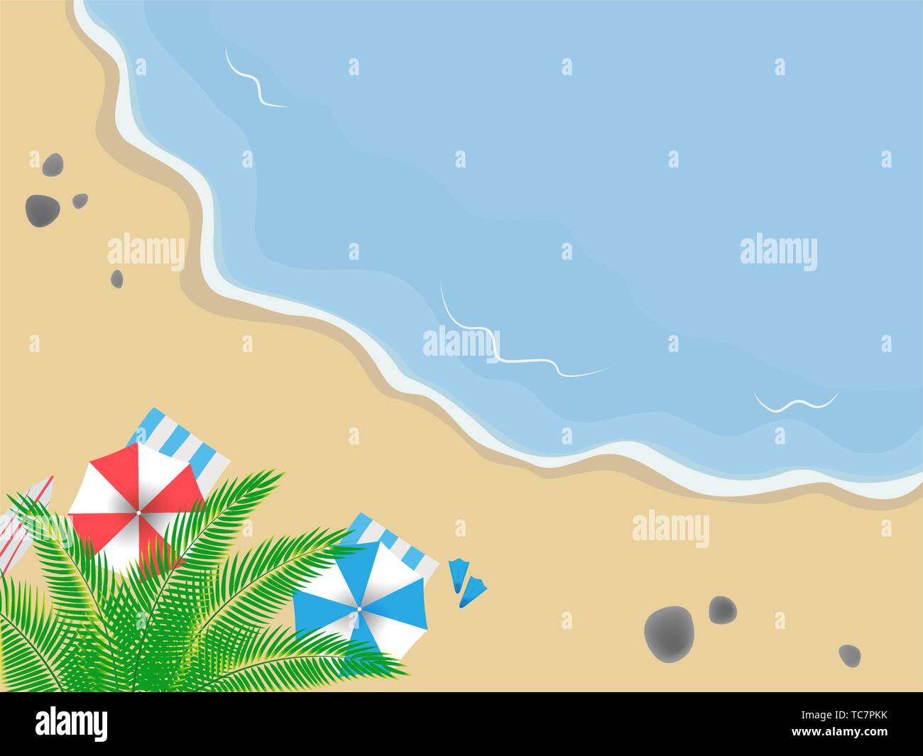 Seaside top view. Sandy beach with waves, palm tree and stones. Colored ...