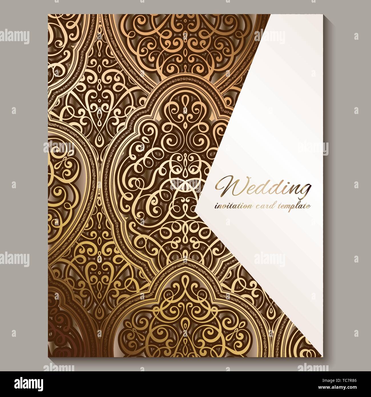 Wedding invitation card with bronze and gold shiny eastern and baroque ...