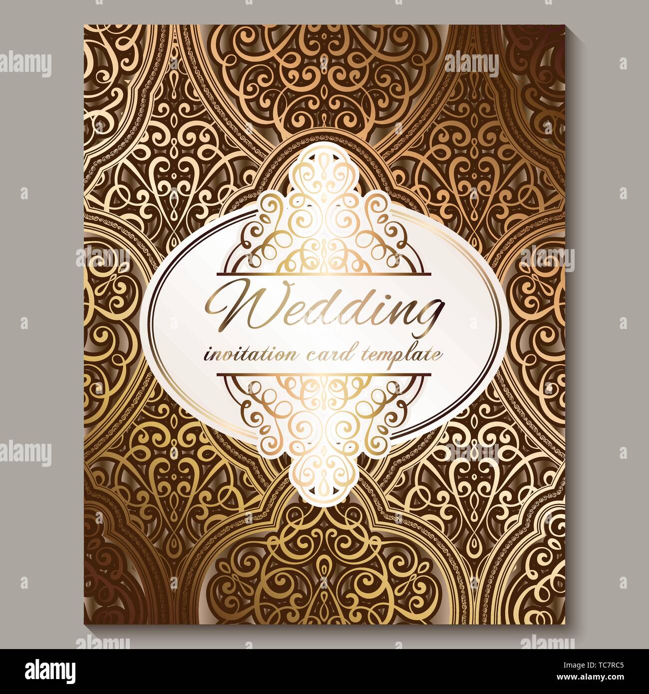 Wedding invitation card with bronze and gold shiny eastern and baroque ...