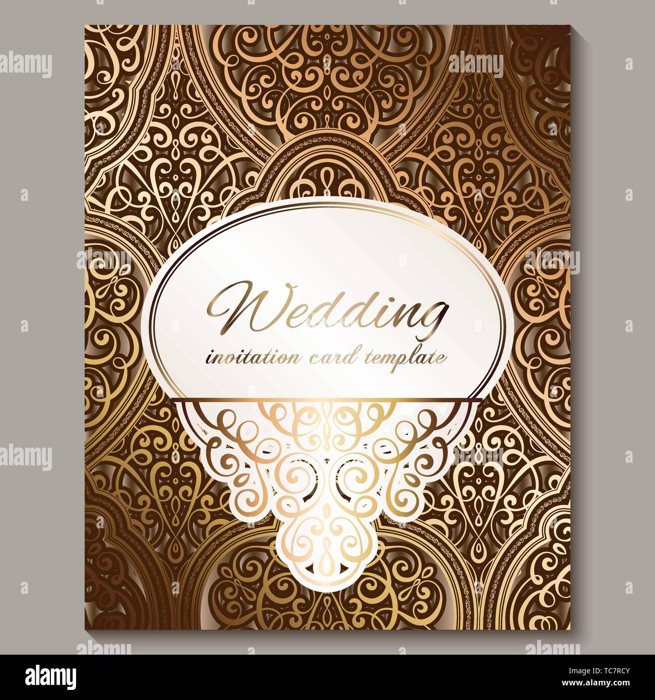 Wedding invitation card with bronze and gold shiny eastern and baroque ...