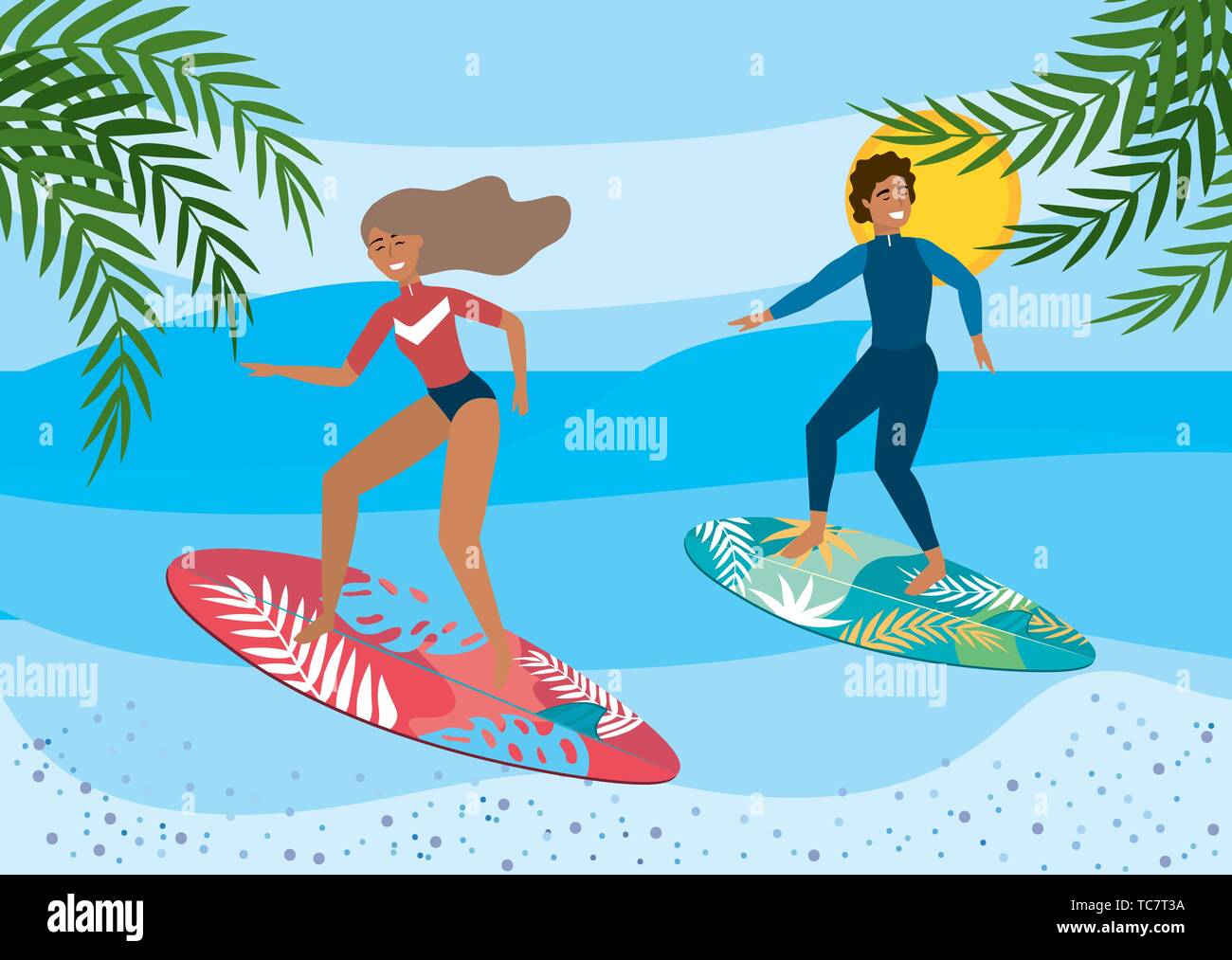 Woman And Man Surfing In The Surfboards With Leaves Plants To Summer