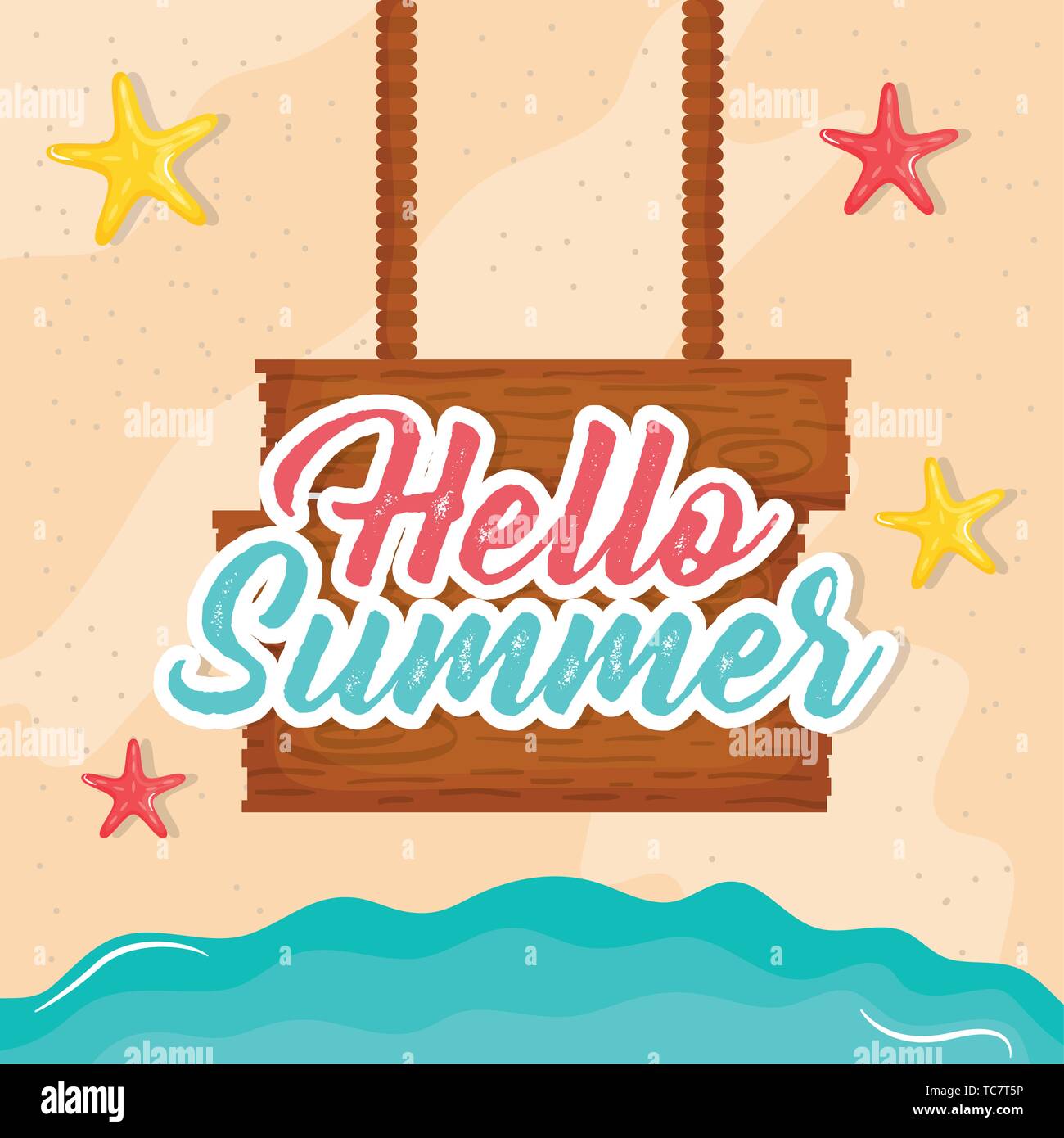 hello summer poster with wooden label and icons vector illustration ...