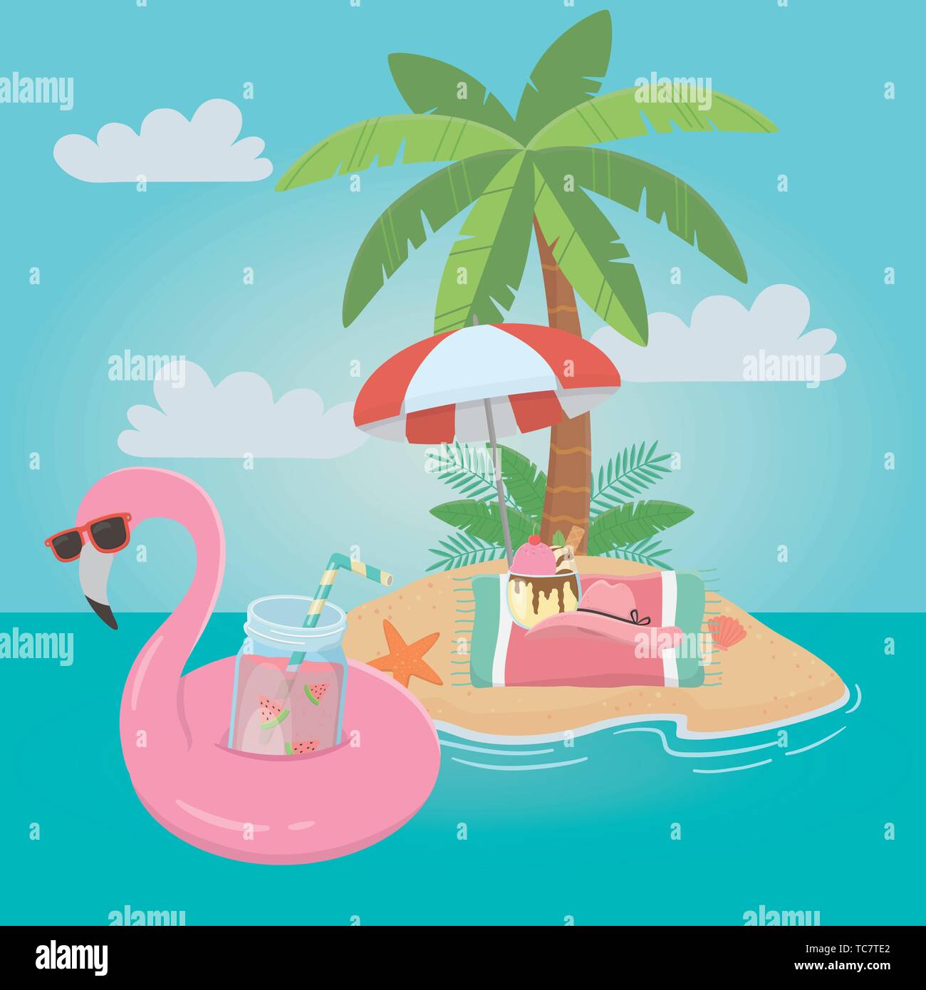 Flamingo float and summer icon set design, Vacation beach tropical ...