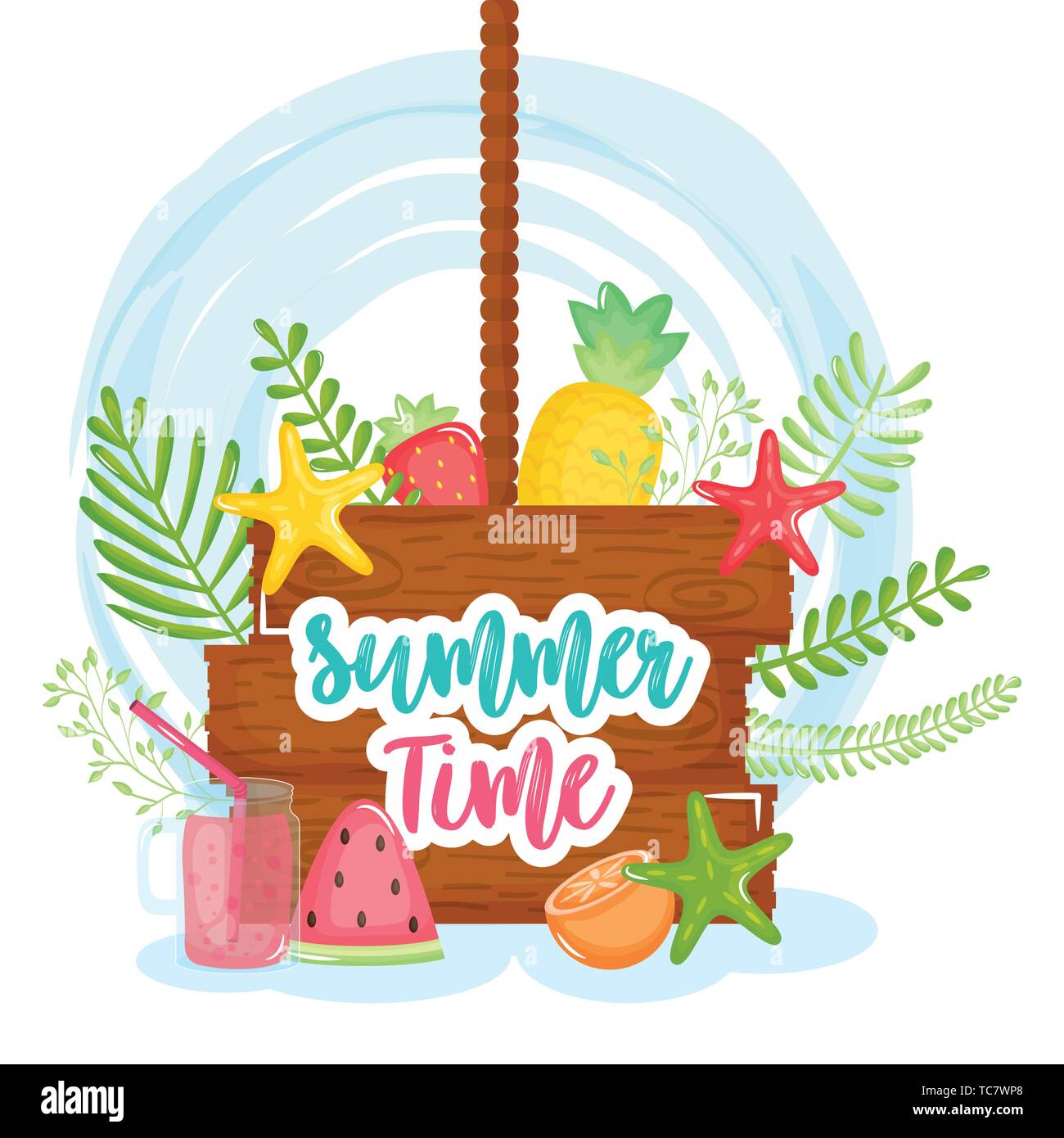 summer time poster with wooden label and icons vector illustration ...
