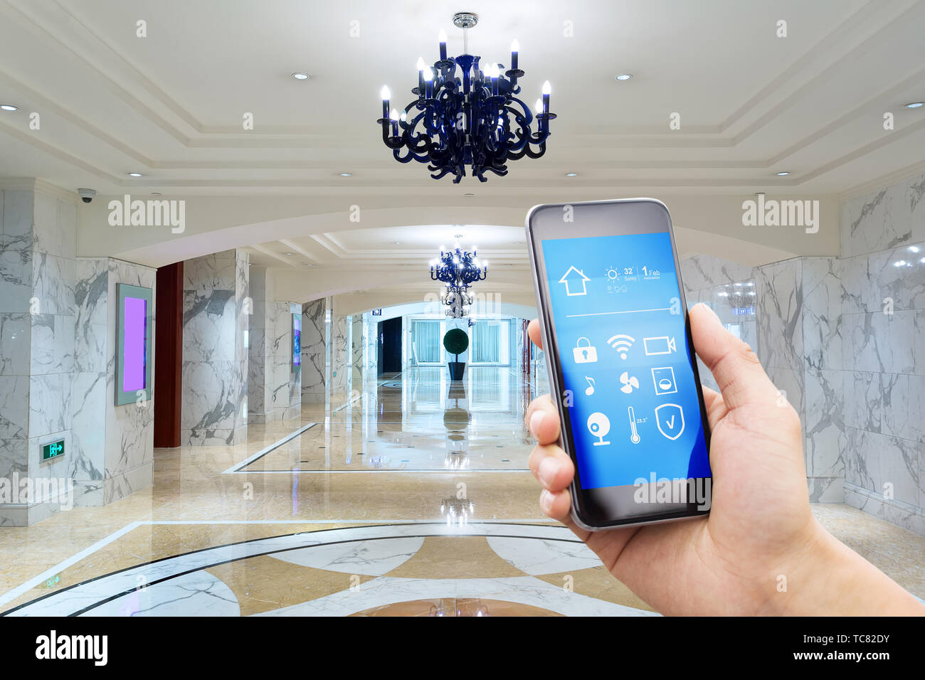 smart phone with smart home with modern corridor Stock Photo - Alamy