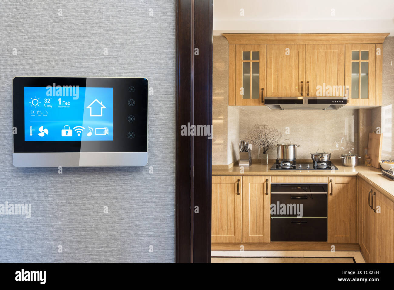 smart screen with smart home with modern kitchen Stock Photo - Alamy