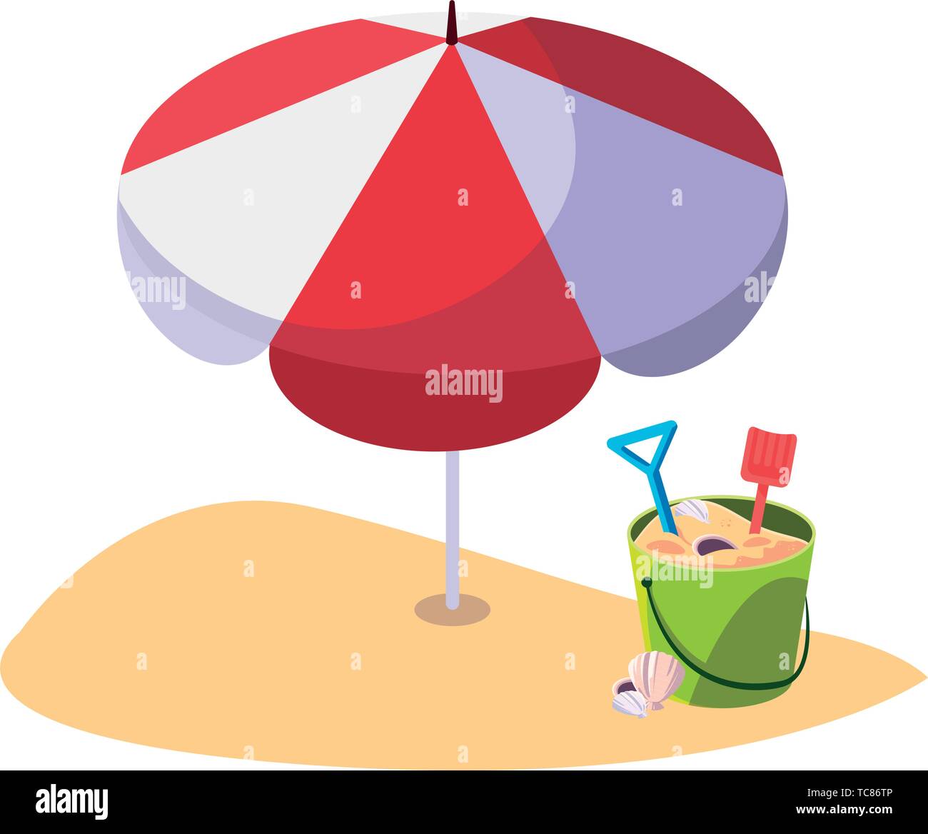 summer beach with umbrella and sand bucket toys vector illustration ...