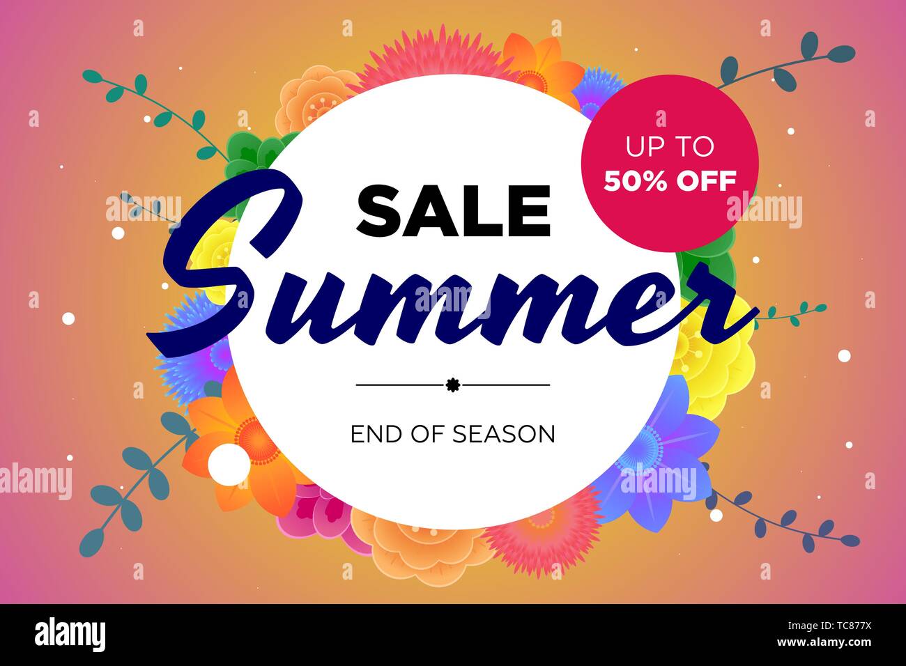 Summer sale offer promotion circle banner with flowers and branches ...