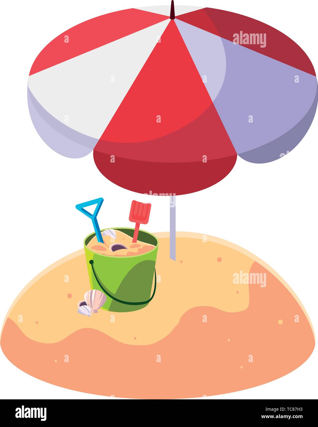 summer beach with umbrella and sand bucket toys vector illustration ...