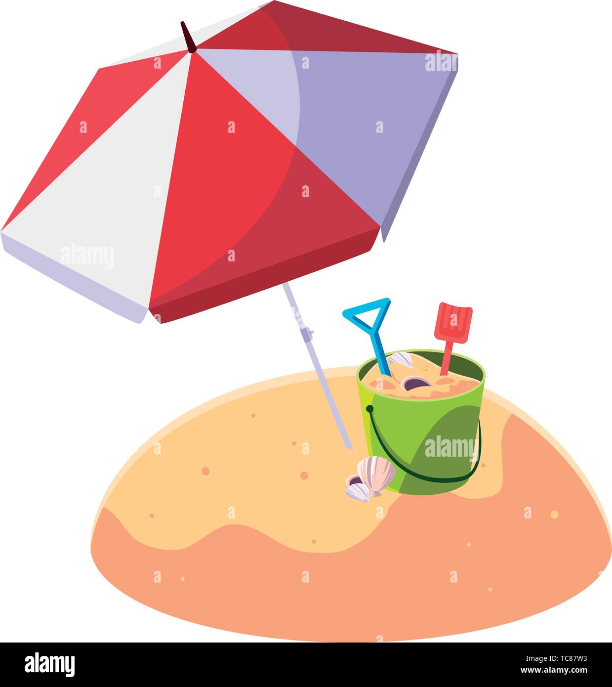summer beach with umbrella and sand bucket toys vector illustration ...