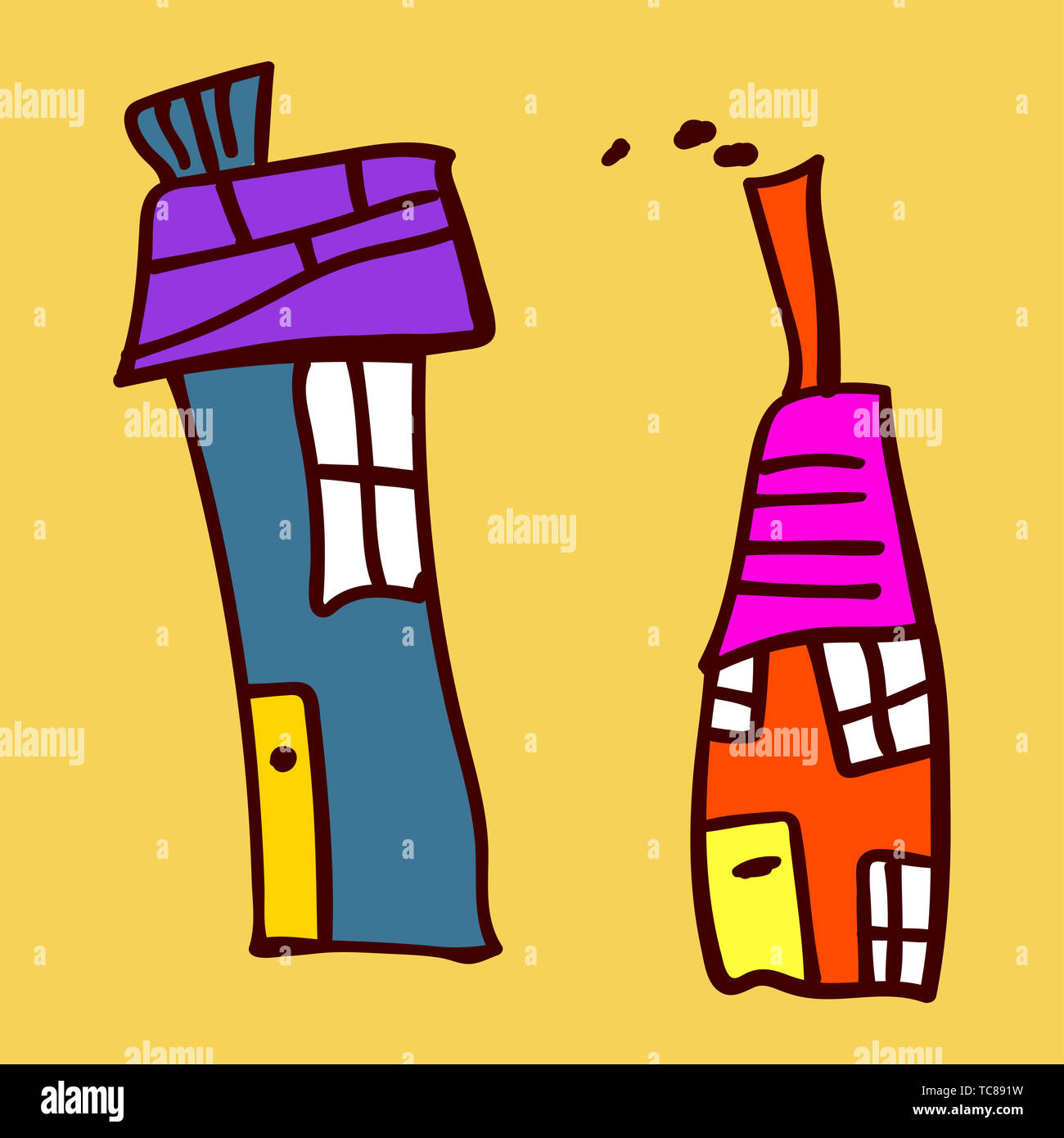 Kids painted houses in doodle style. Painted and isolated on a colored ...