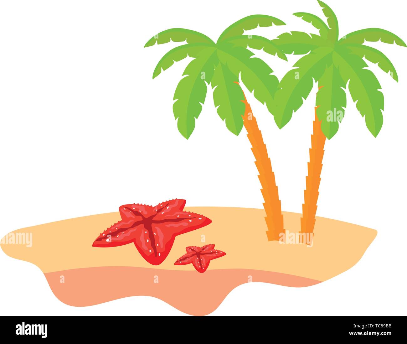 summer beach scene with tree palms and starfish vector illustration ...