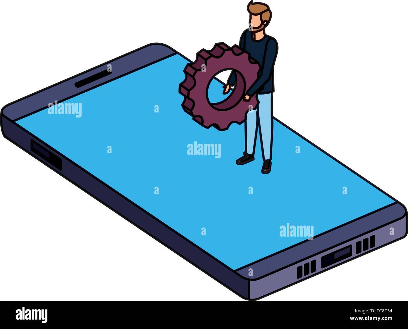 young man lifting gear in smartphone Stock Vector Image & Art - Alamy