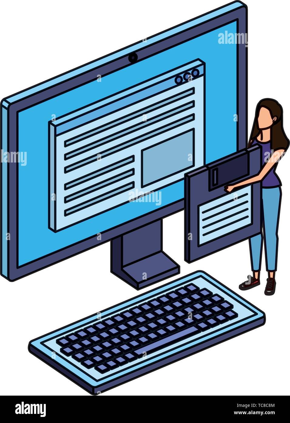 young woman lifting floppy disk with desktop Stock Vector Image & Art ...