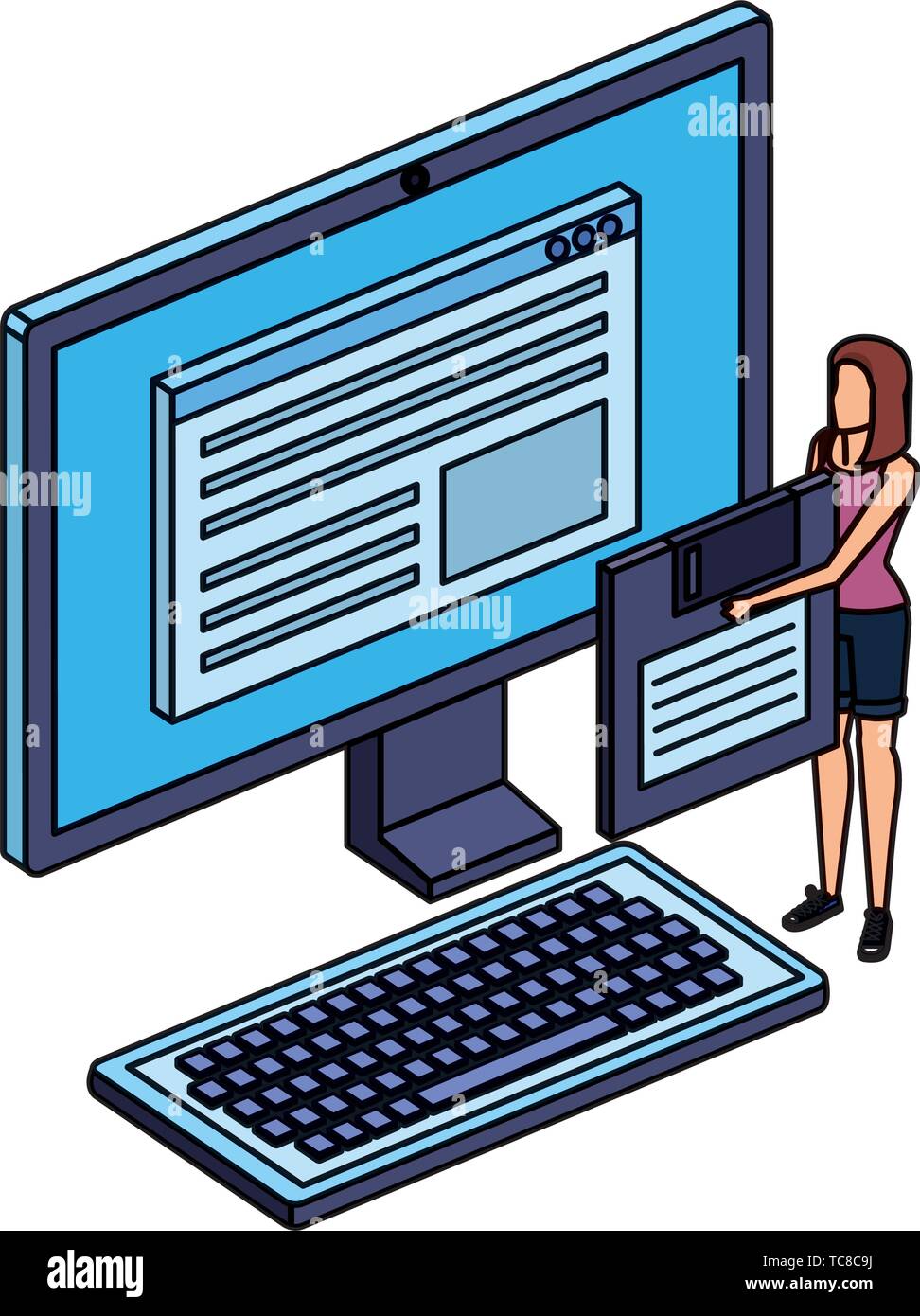 young woman lifting floppy disk with desktop Stock Vector Image & Art ...