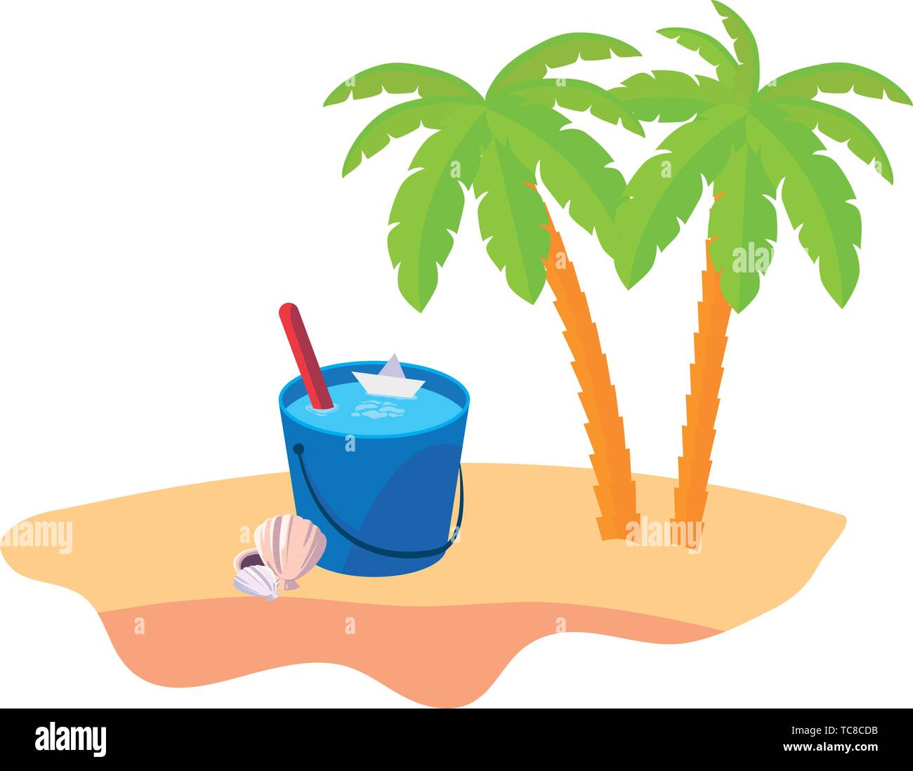 summer beach scene with tree palms and water bucket toy vector ...