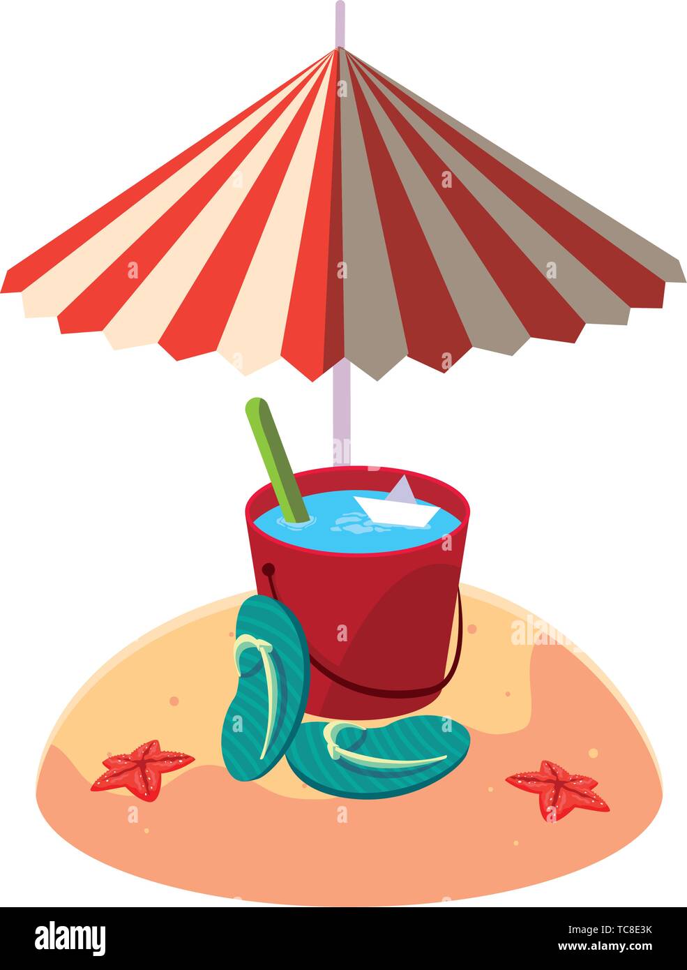 summer sand beach with umbrella and water bucket vector illustration ...