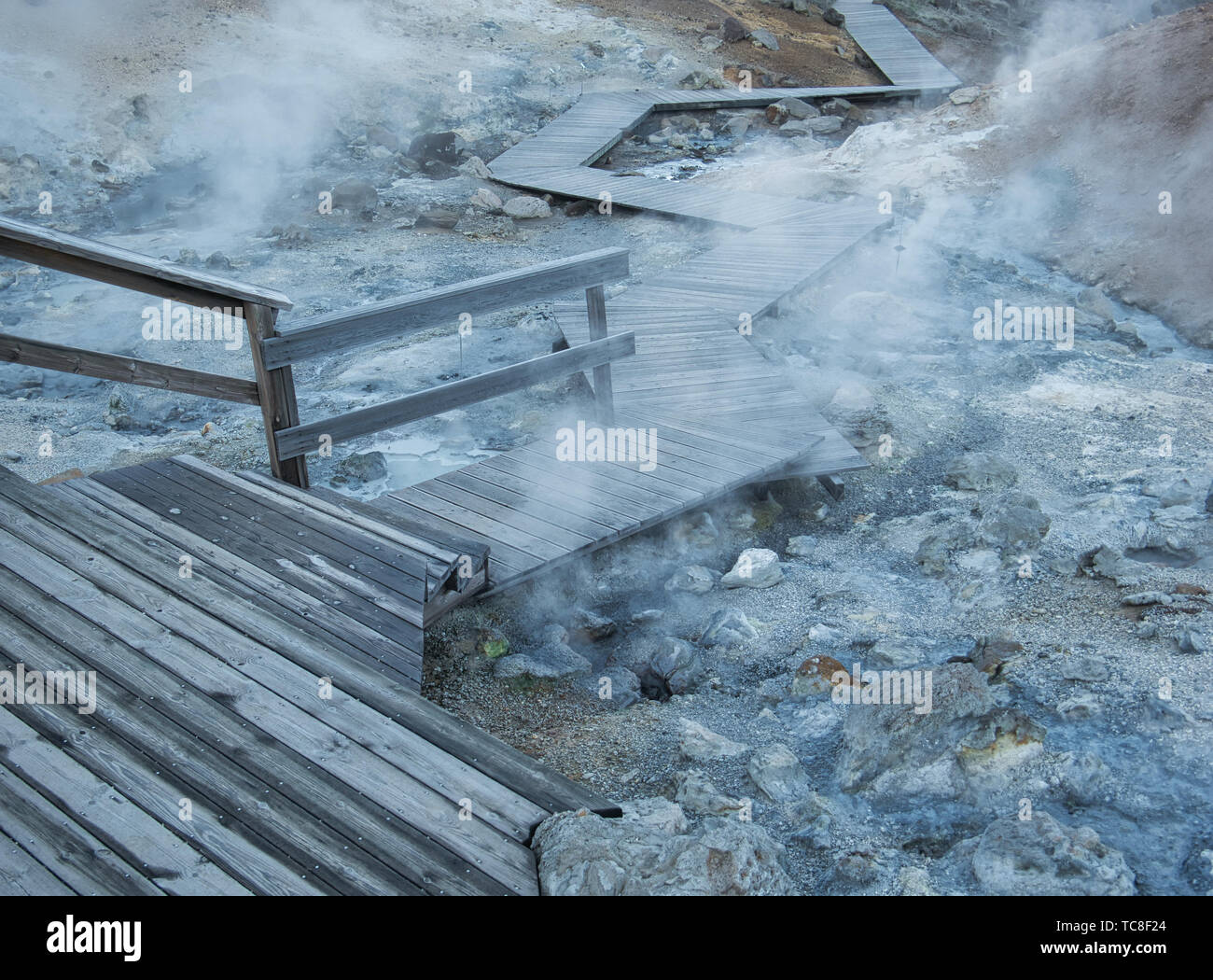 Wooden path across the steaming mud holes at Seltun is Island Stock ...