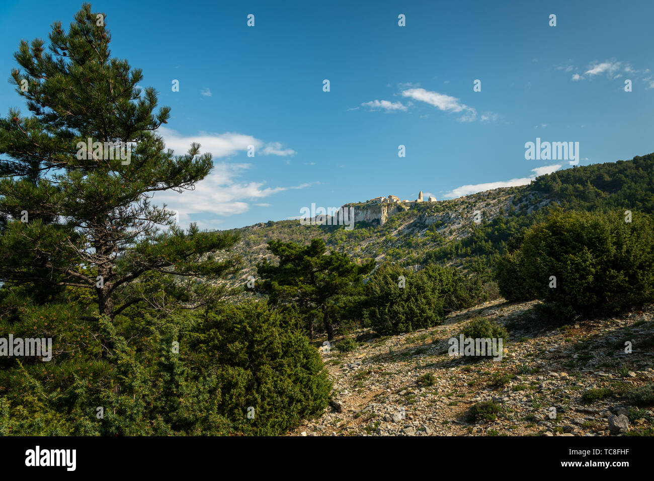 Old ancient village of Lubenice on the croatian island Cres on a sunny ...