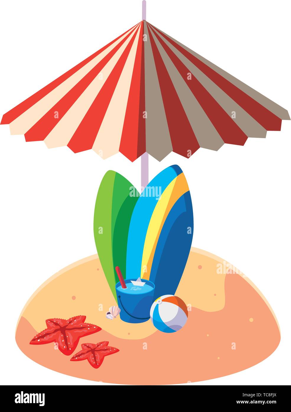 summer sand beach with umbrella and surfboards vector illustration ...