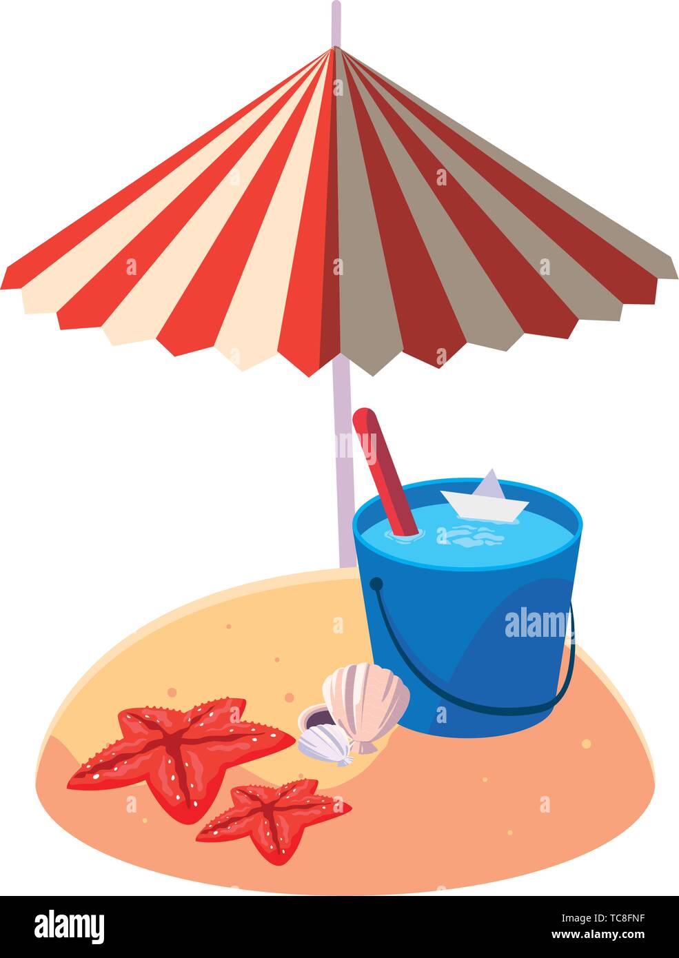 summer sand beach with umbrella and water bucket vector illustration ...