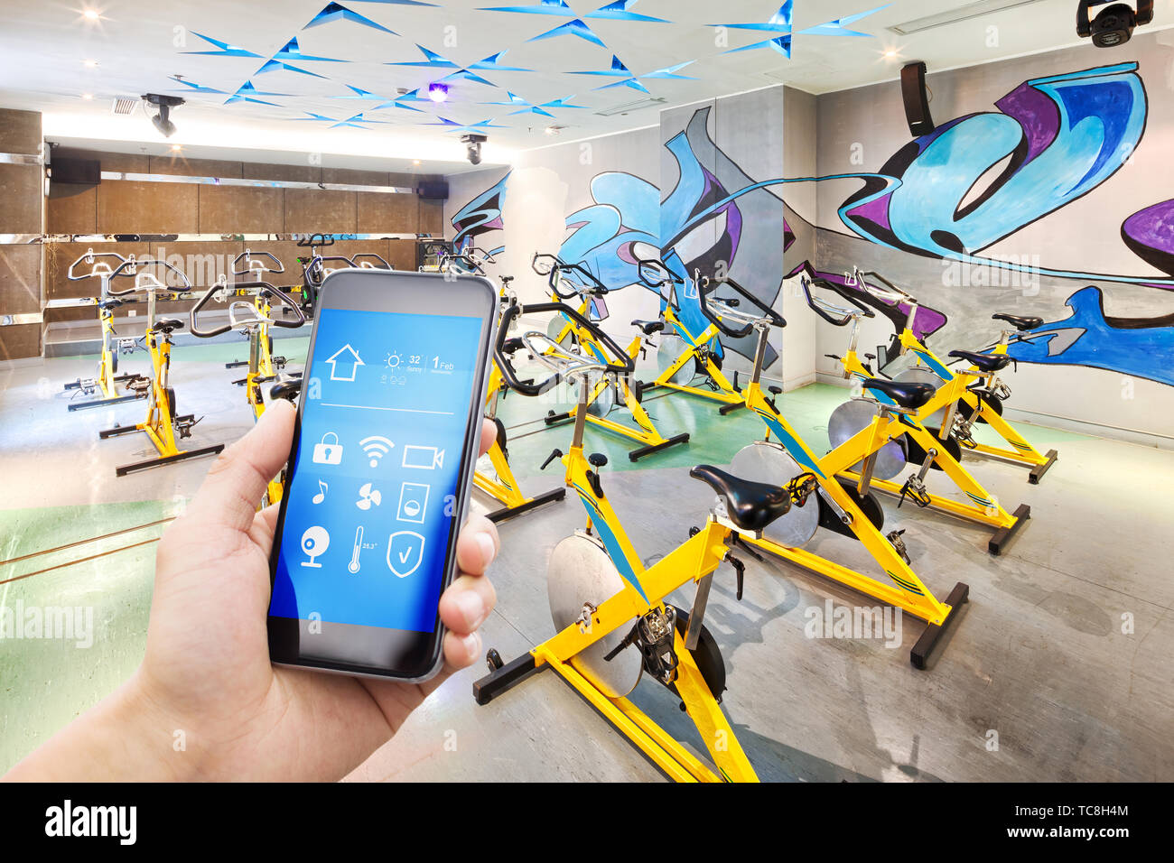 smart phone with smart home with modern gym Stock Photo - Alamy