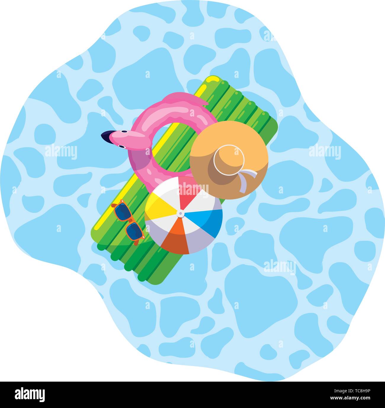 summer float pad with balloon and hat floating in pool vector ...