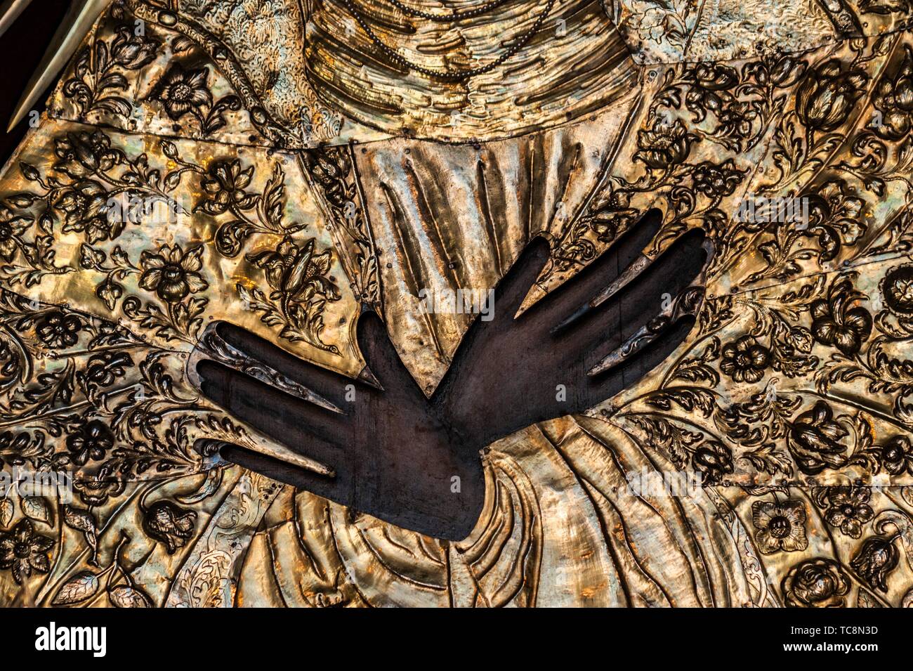 Detail of the hands of the ""Mother of Mercy"" icon. Painting in the ...