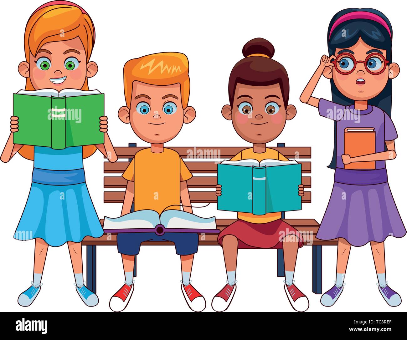 young kids with books on a bench Stock Vector Image & Art - Alamy
