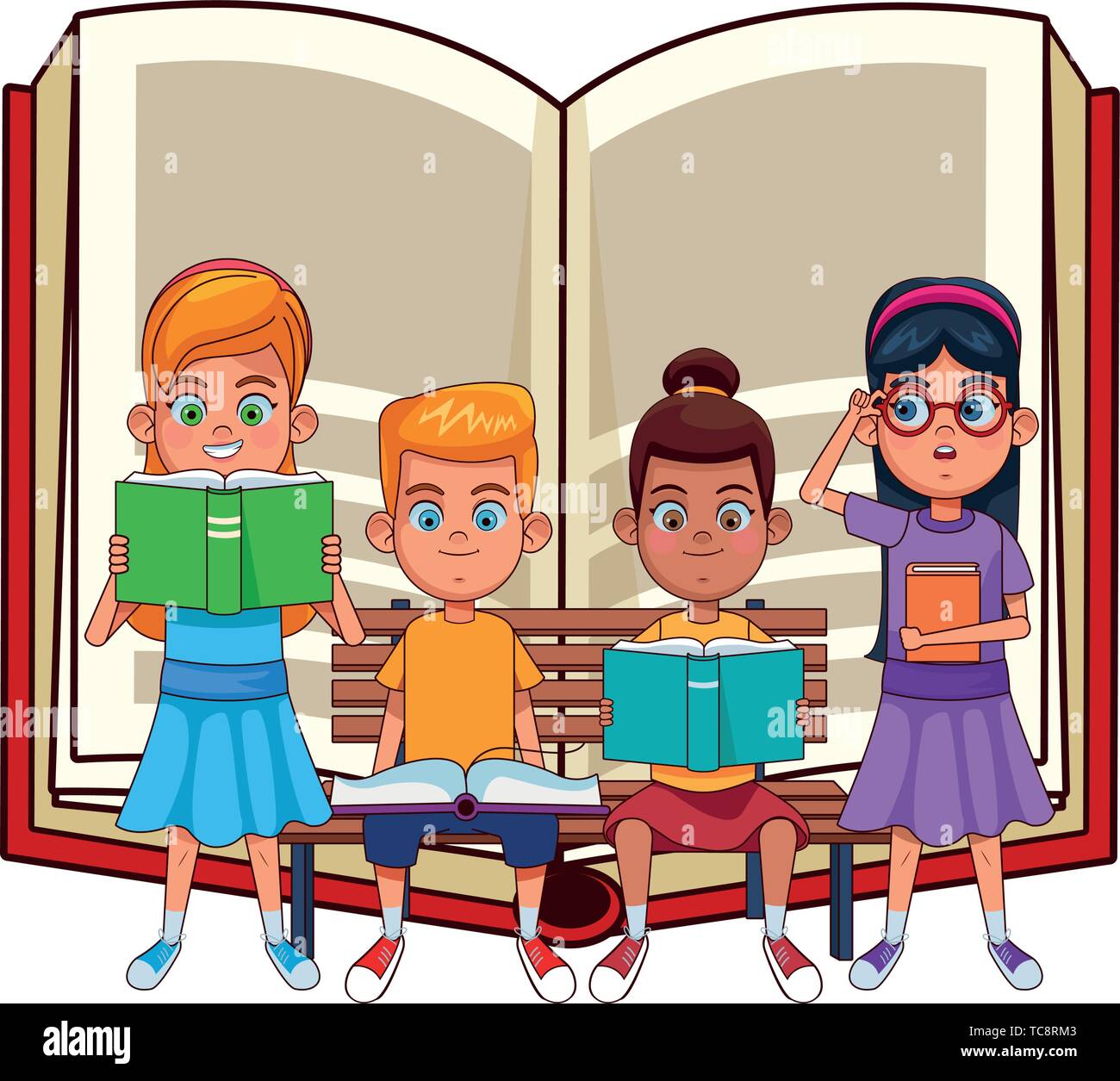 young kids with books on a bench Stock Vector Image & Art - Alamy