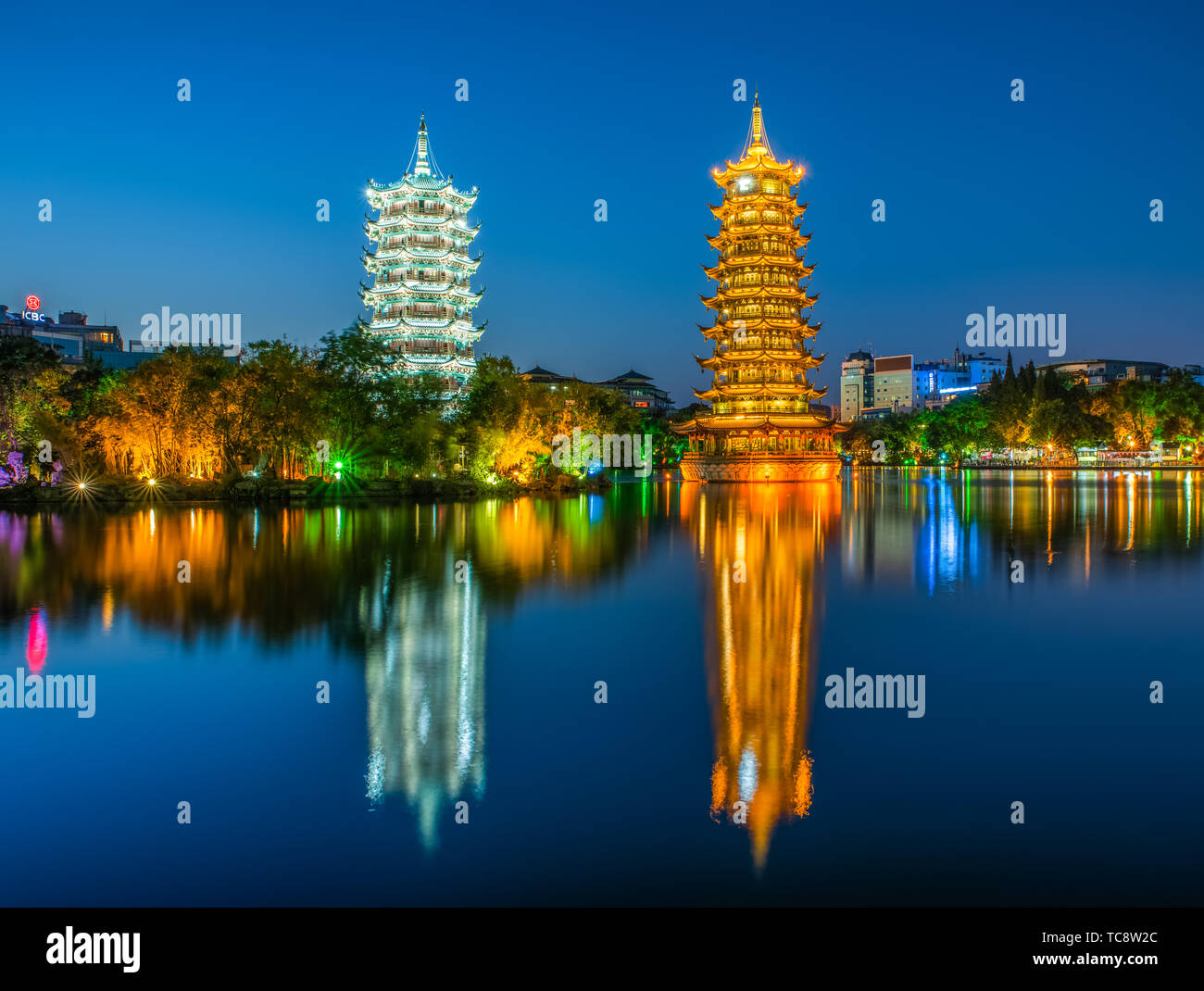 Night view of the twin towers of the sun and moon in Guilin Stock Photo ...