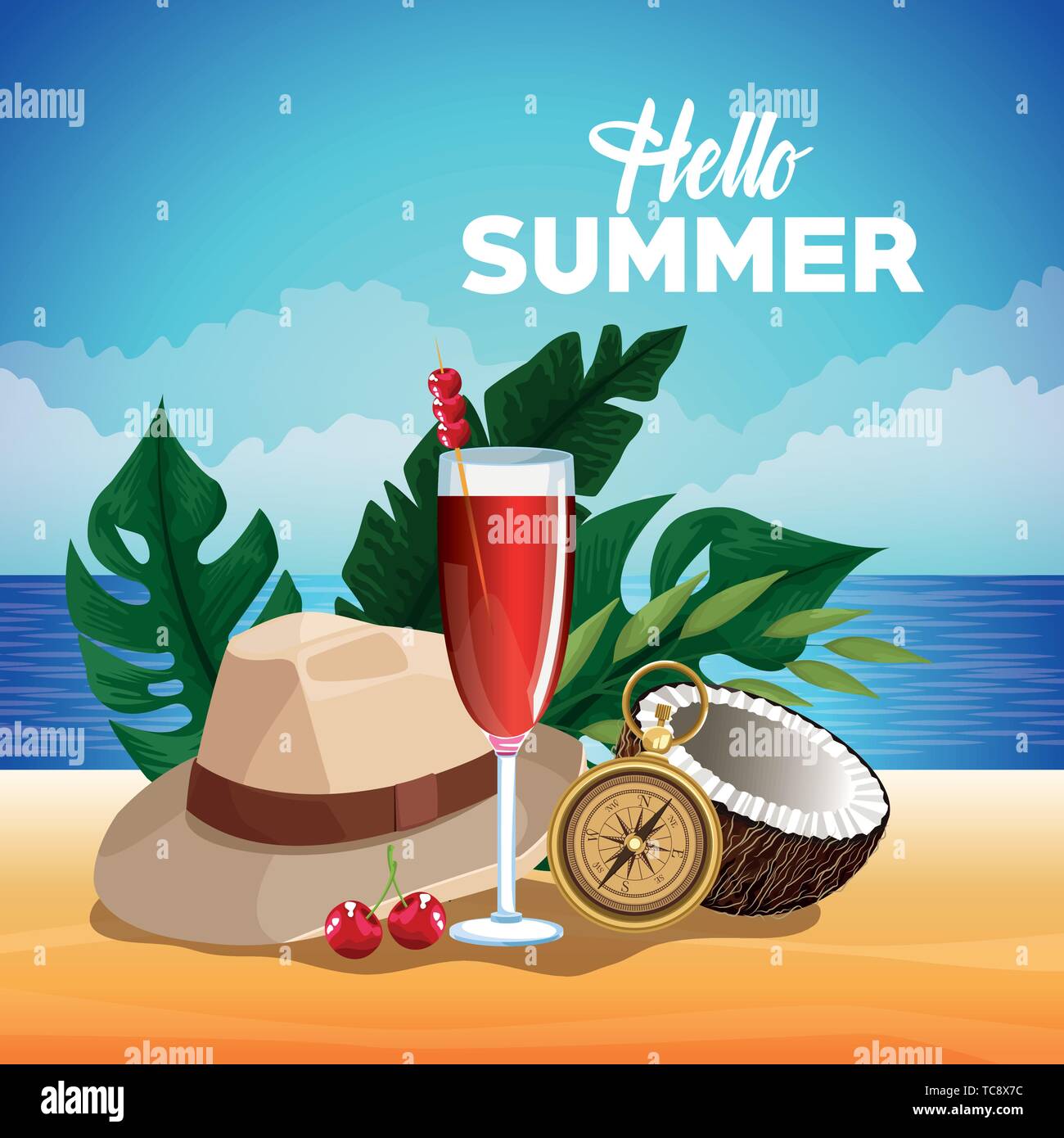 Hello summer card poster with cartoons Stock Vector Image & Art - Alamy