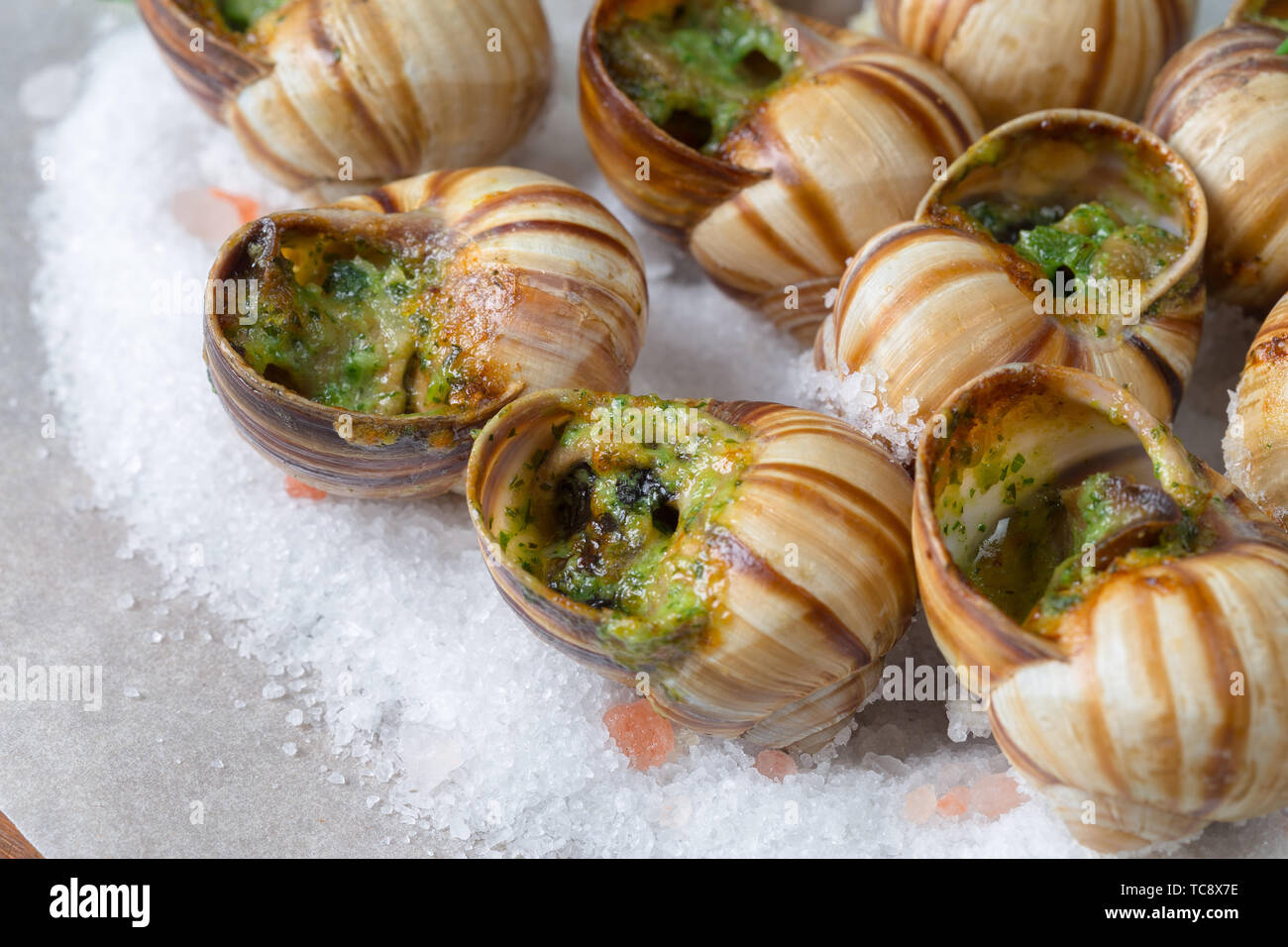 Baked snails with garlic butter and fresh herbs Stock Photo - Alamy